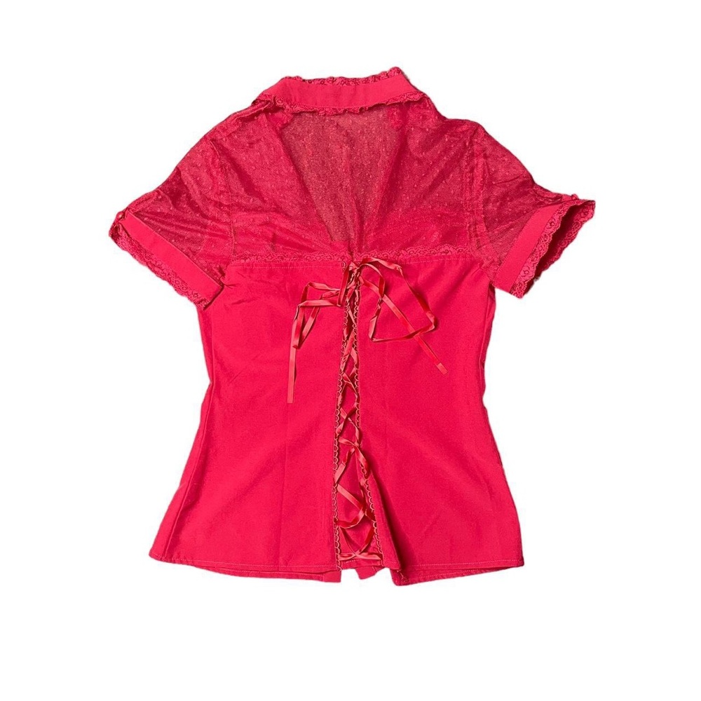 Scarlet Darkness Red Lace Polka Dot Sheer Button Up S… - Gem